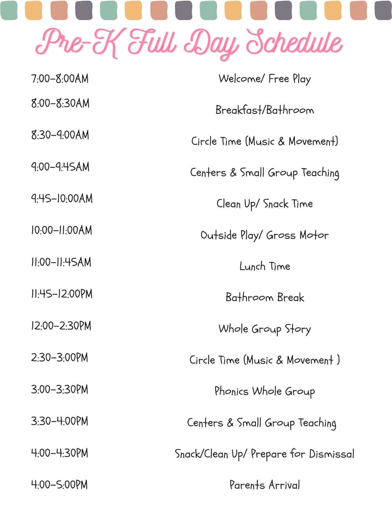 Pre-k Full Day Schedule, Preschool Schedule, Schedule, School Schedule ...