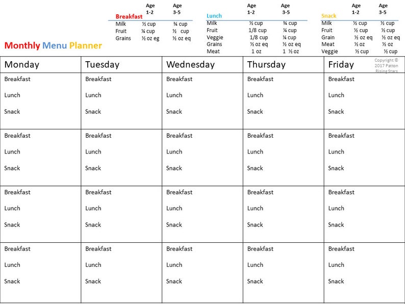 Childcare Menu Templates , Daycare Menu Template, Monthly Menu , Season ...