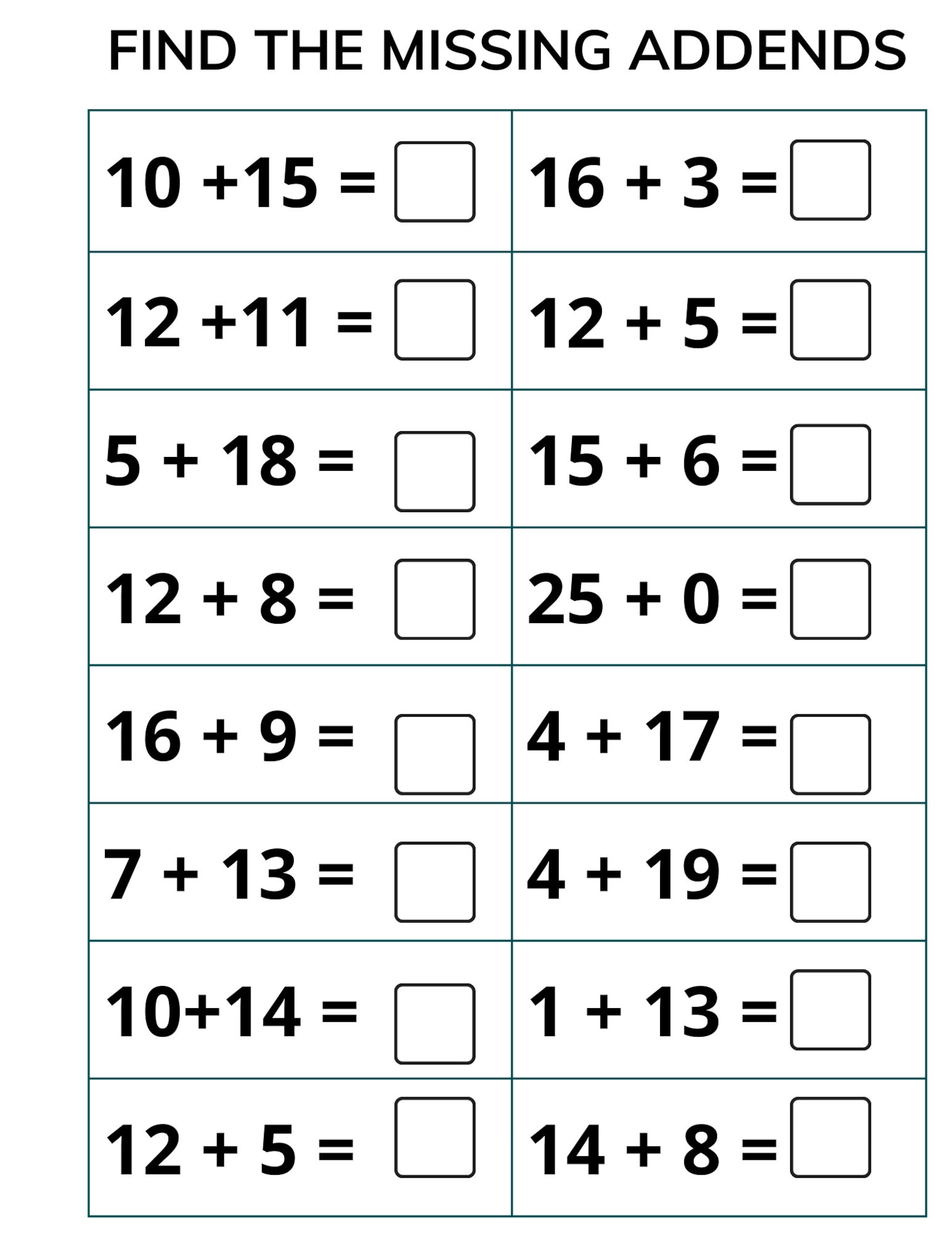 4 Printable Missing Addends Worksheets up to 20 / Math Addition ...