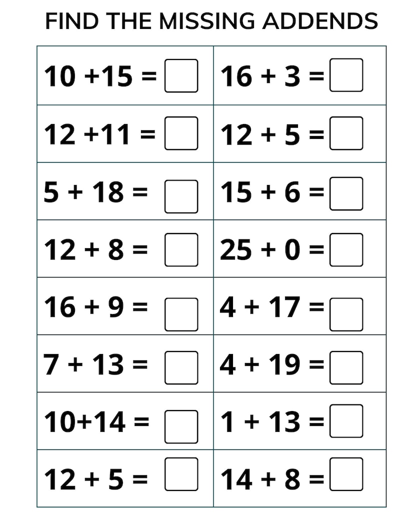 4 Printable Missing Addends Worksheets up to 20 / Math Addition ...