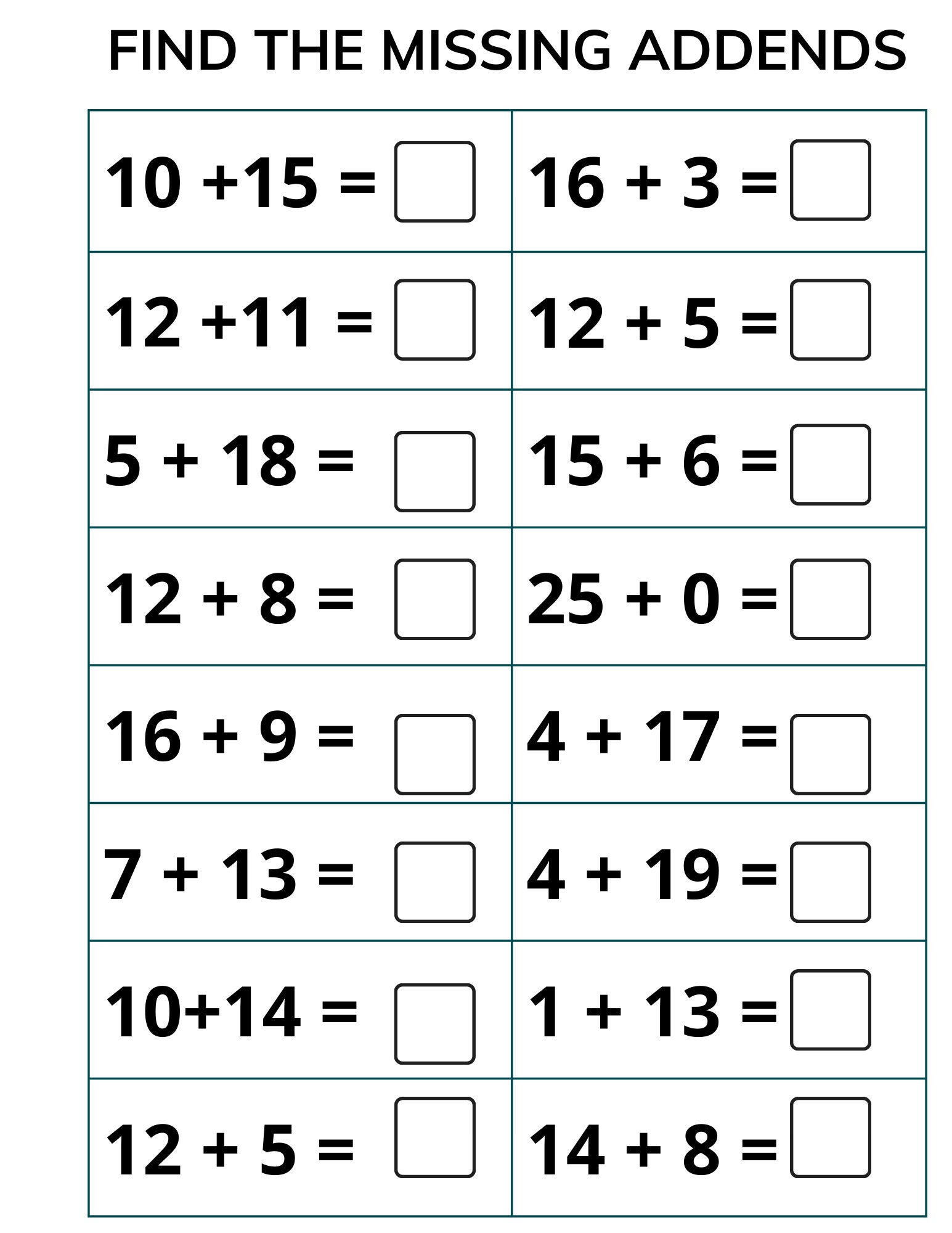 4 Printable Missing Addends Worksheets up to 20 / Math Addition ...