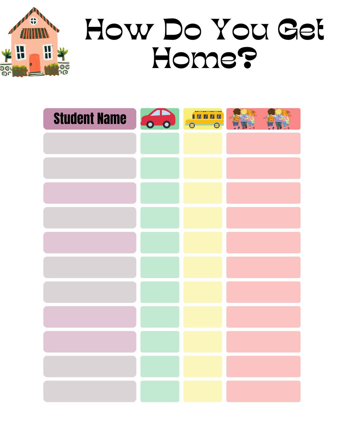Student Transportation Chart, Dismissal Chart, How Do You Go Home Chart ...