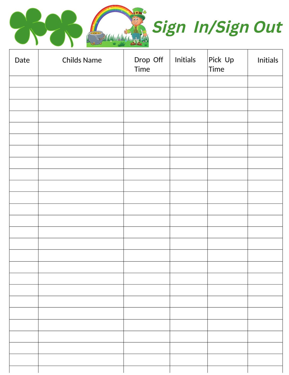 Sign In/ Sign Out Sheet, Daycare Template, Childcare Template, Digitial ...