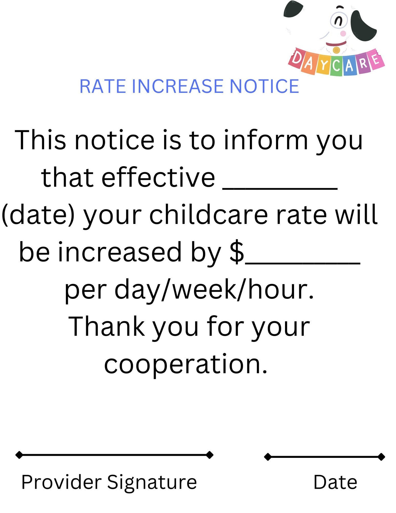 Daycare Rate Increase, Childcare Rate Increase, Daycare Template ...