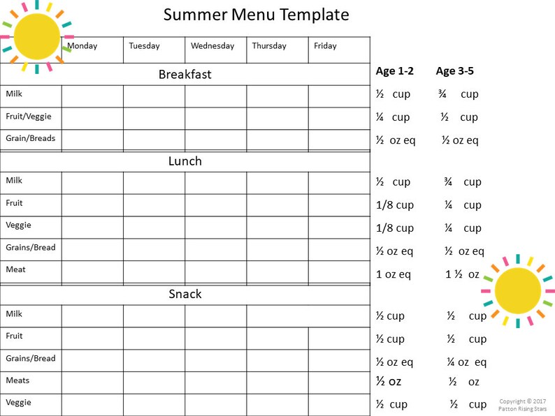 Childcare Menu Templates , Daycare Menu Template, Monthly Menu , Season ...