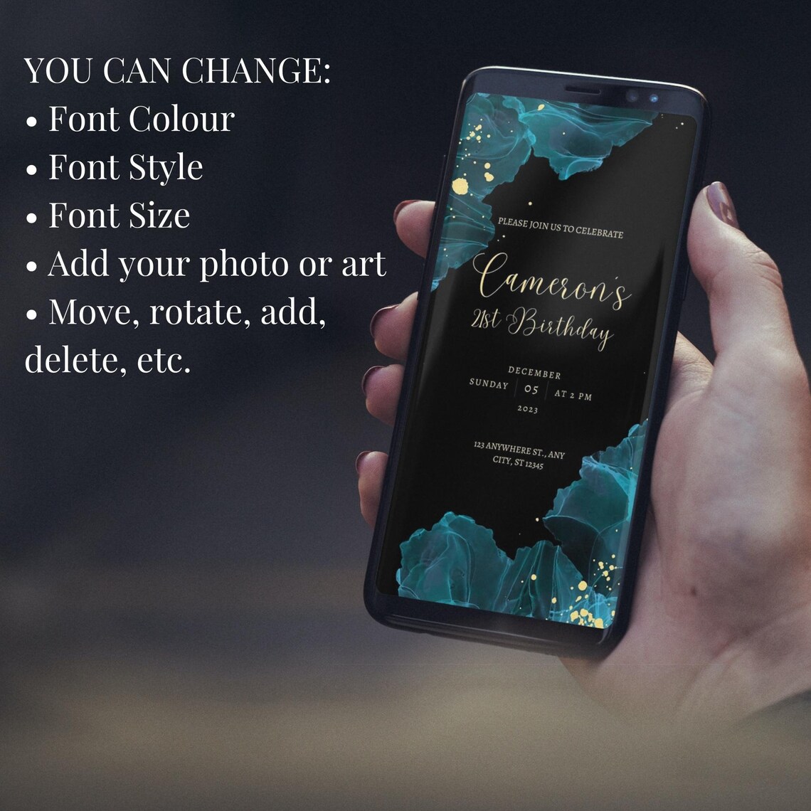 Editable Digital Invitation, Birthday Party Digital Invite, Alcohol Ink ...