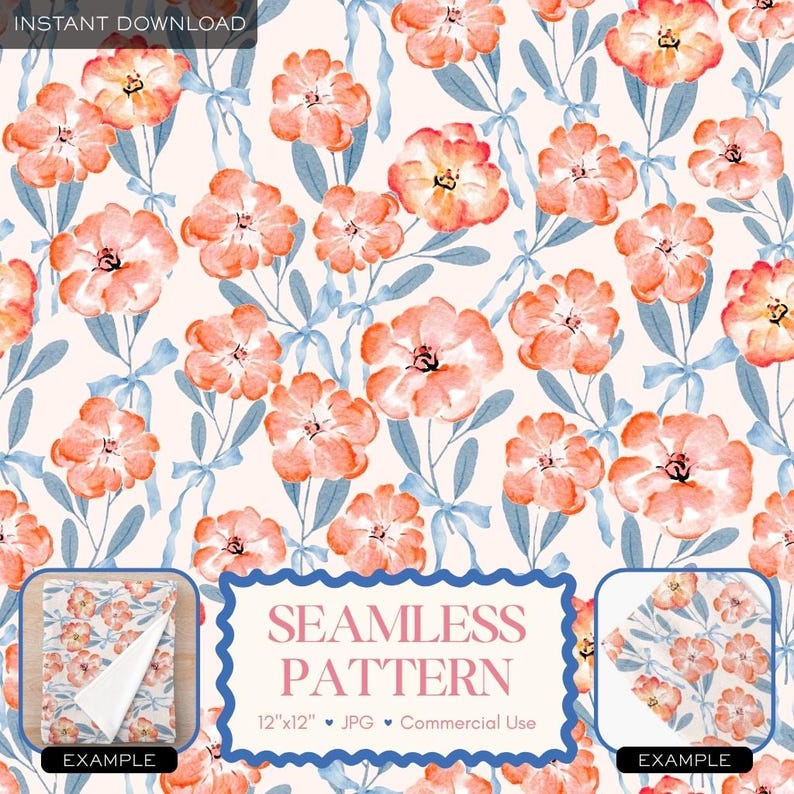 Watercolor Floral Seamless Pattern, Coral Spring Summer Flowers Digital ...