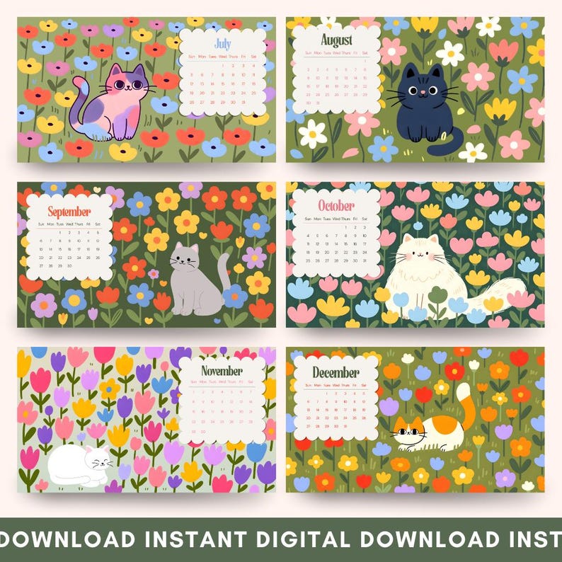 Flower Cat 2026 Calendar | Desktop Wallpaper Background Bundle (digital ...