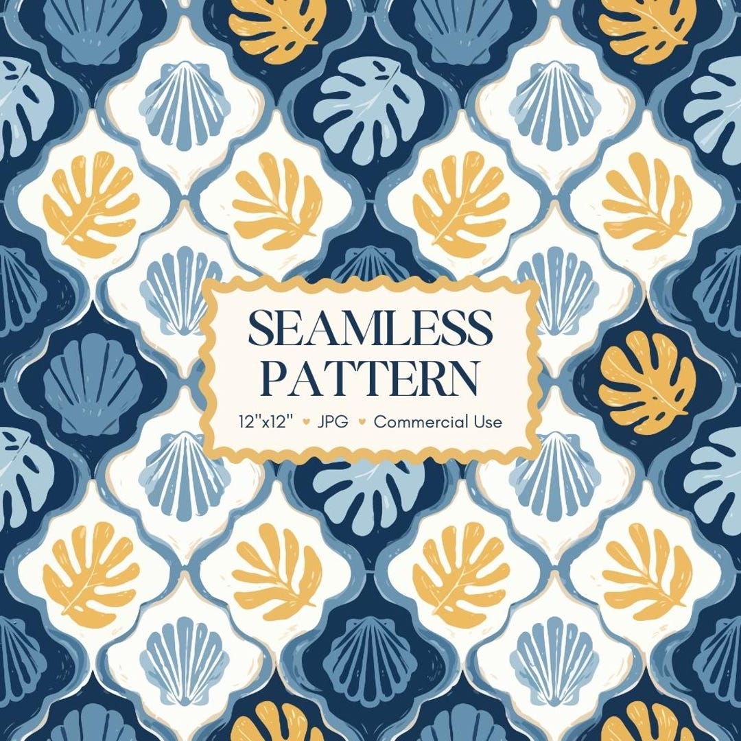 Blue Scallop Shell Seamless Pattern | Vintage Coastal Tropical Monstera ...