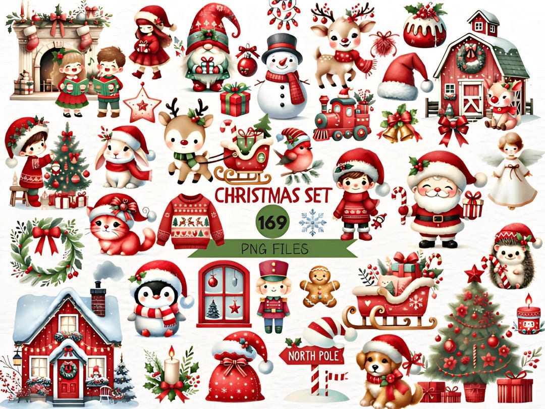 Christmas Watercolor Clipart Bundle PNG, Watercolor Christmas Clipart ...