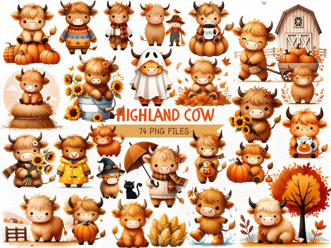 Cute Autumn Highland Cow Clipart Bundle Fall Highland Cow PNG, Hello ...
