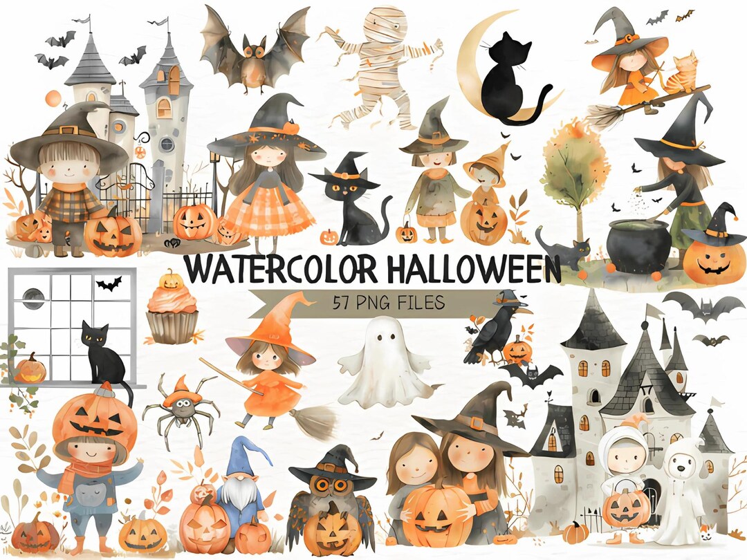 Cute Halloween Watercolor Clipart Bundle, Pumpkin Clipart, Halloween ...