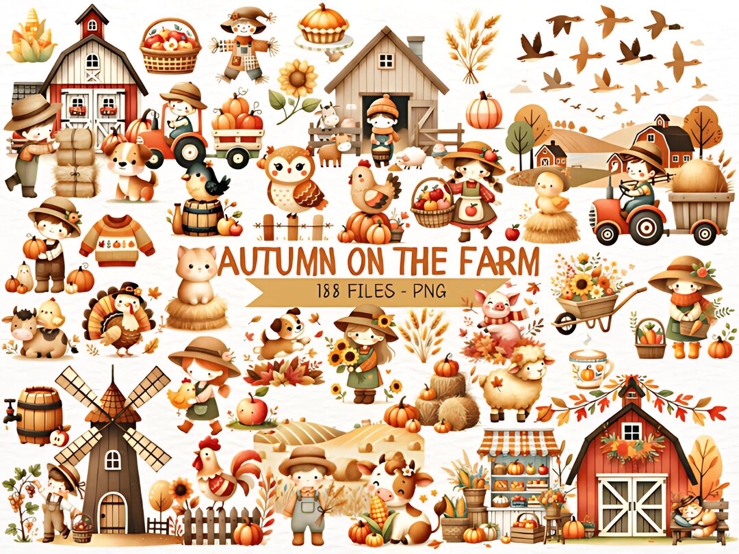 Fall Farmhouse Watercolor Clipart Bundle, Cozy Autumn Clipart Images ...