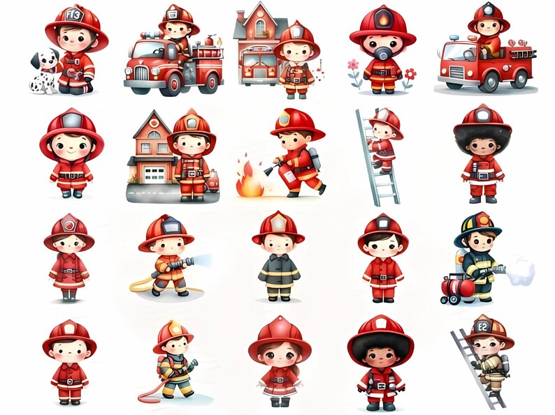 Cute Firefighters Watercolor Clipart, Fire Department PNG Graphics ...
