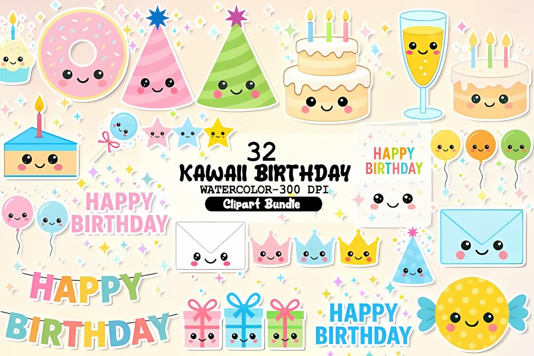 Kawaii Birthday Clipart Bundle. Kawaii and Cute Clipart Graphics - Etsy