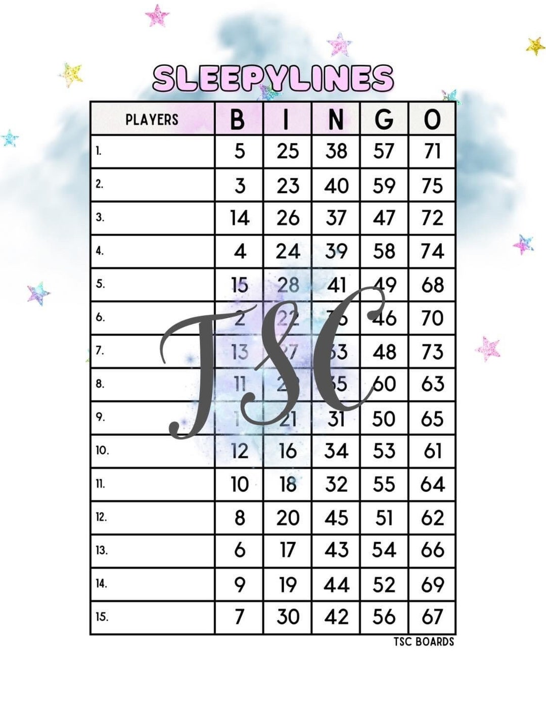 Sleepy Lines Starry Cloud Bingo Board 1-75 Ball 1-15 Line - Etsy