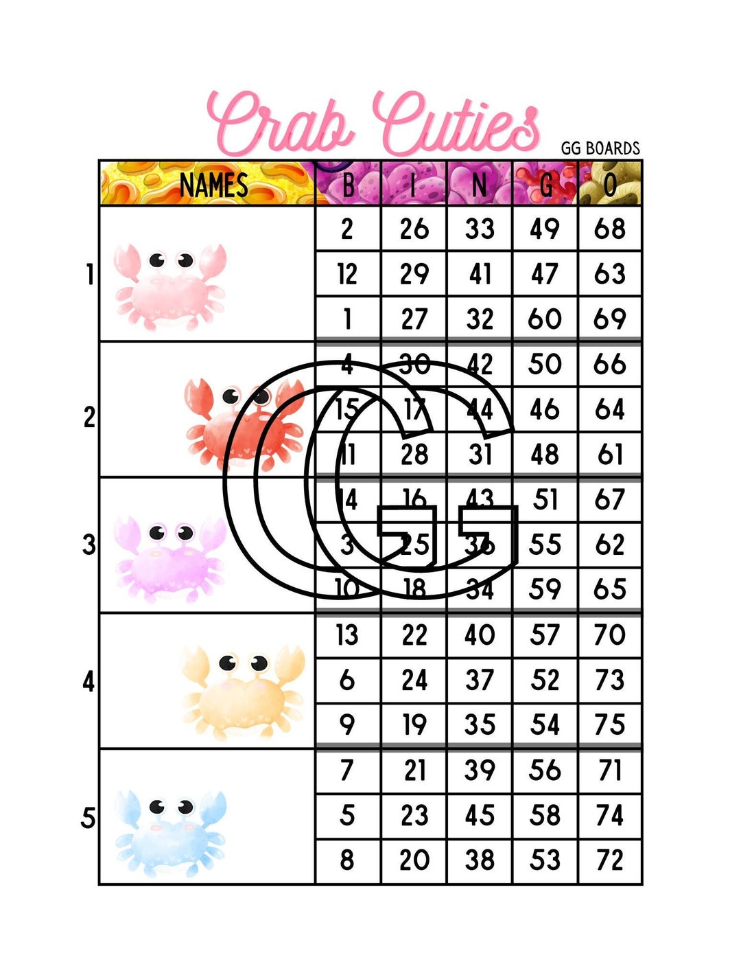 Crab Cuties Block Bingo Board 1-75 Ball - Etsy