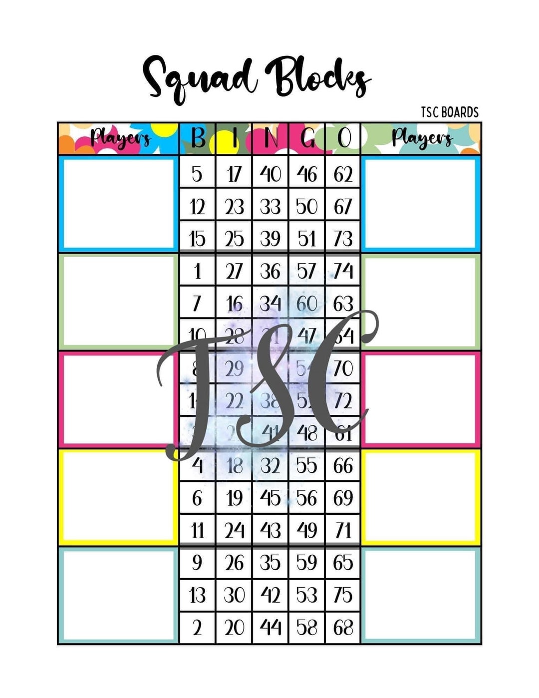 Squad Blocks Bingo Board 1-75 Ball - Etsy