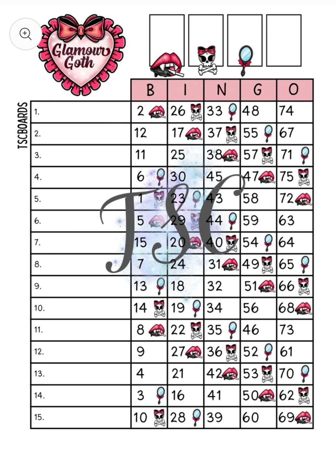 Glamour Goth Bingo Board 1-75 Ball mixed,straight,blank - Etsy