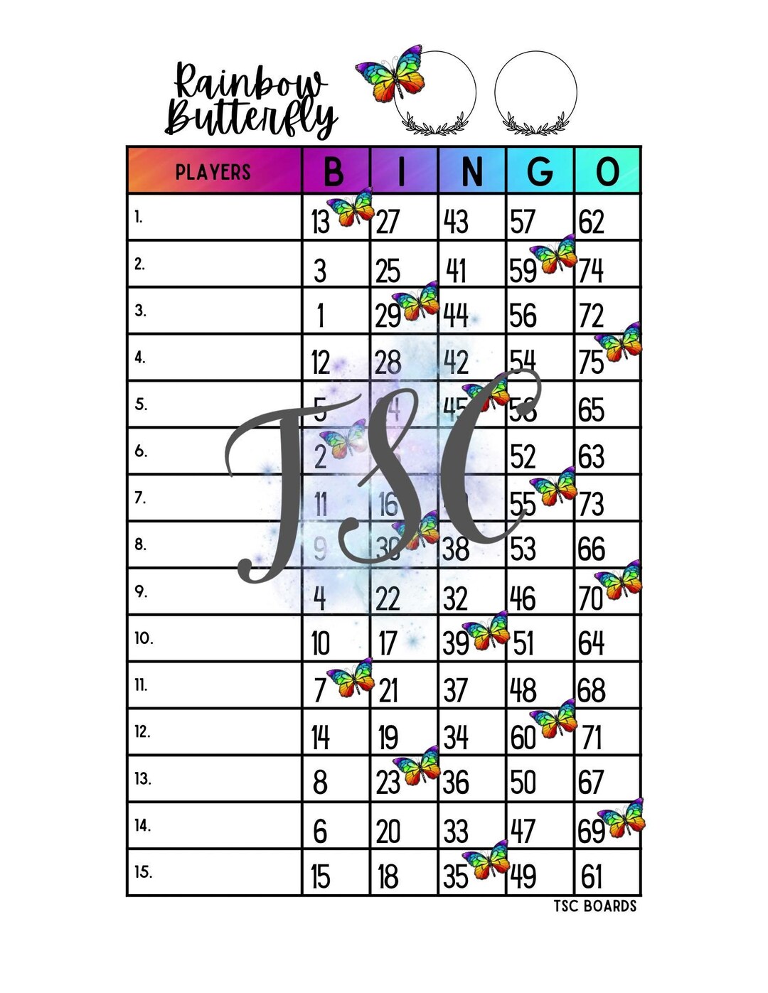 Rainbow Butterfly Bingo Board 1-15 Line 1-75 Ball - Etsy