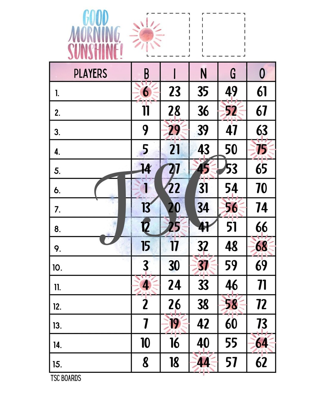 Good Morning Sunshine Mixed Bingo Board 1-75 - Etsy