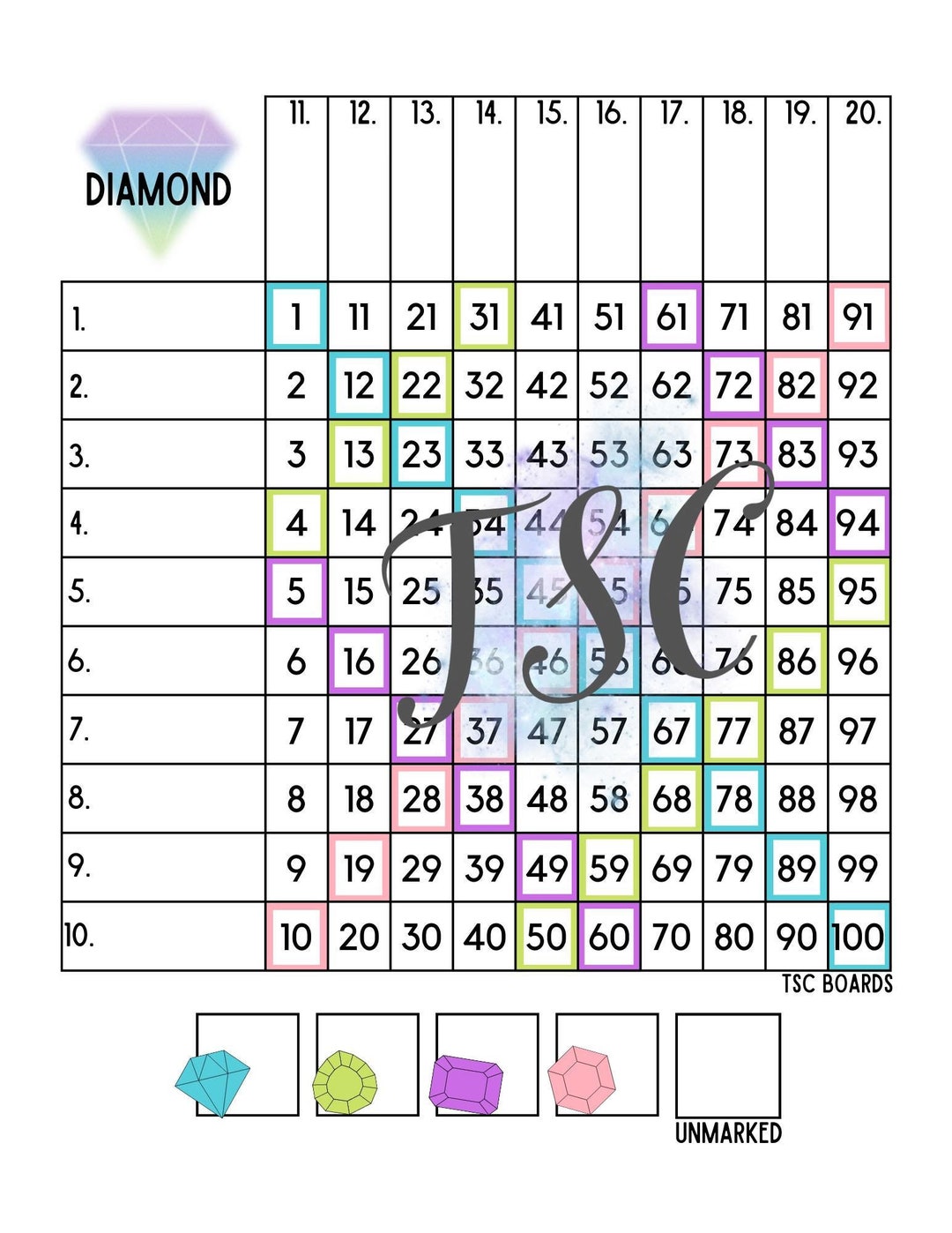 Rainbow Diamond Grid Bingo Board 1-100 Ball - Etsy