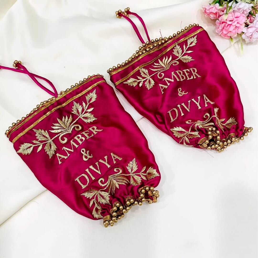 Magenta Satin Chooda Cover With Floral Pattern & Golden Pearl Beads ...