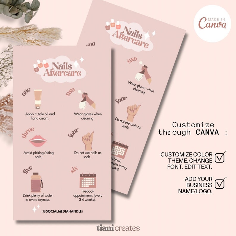 Blush Pink Nails Aftercare Card Template - Etsy