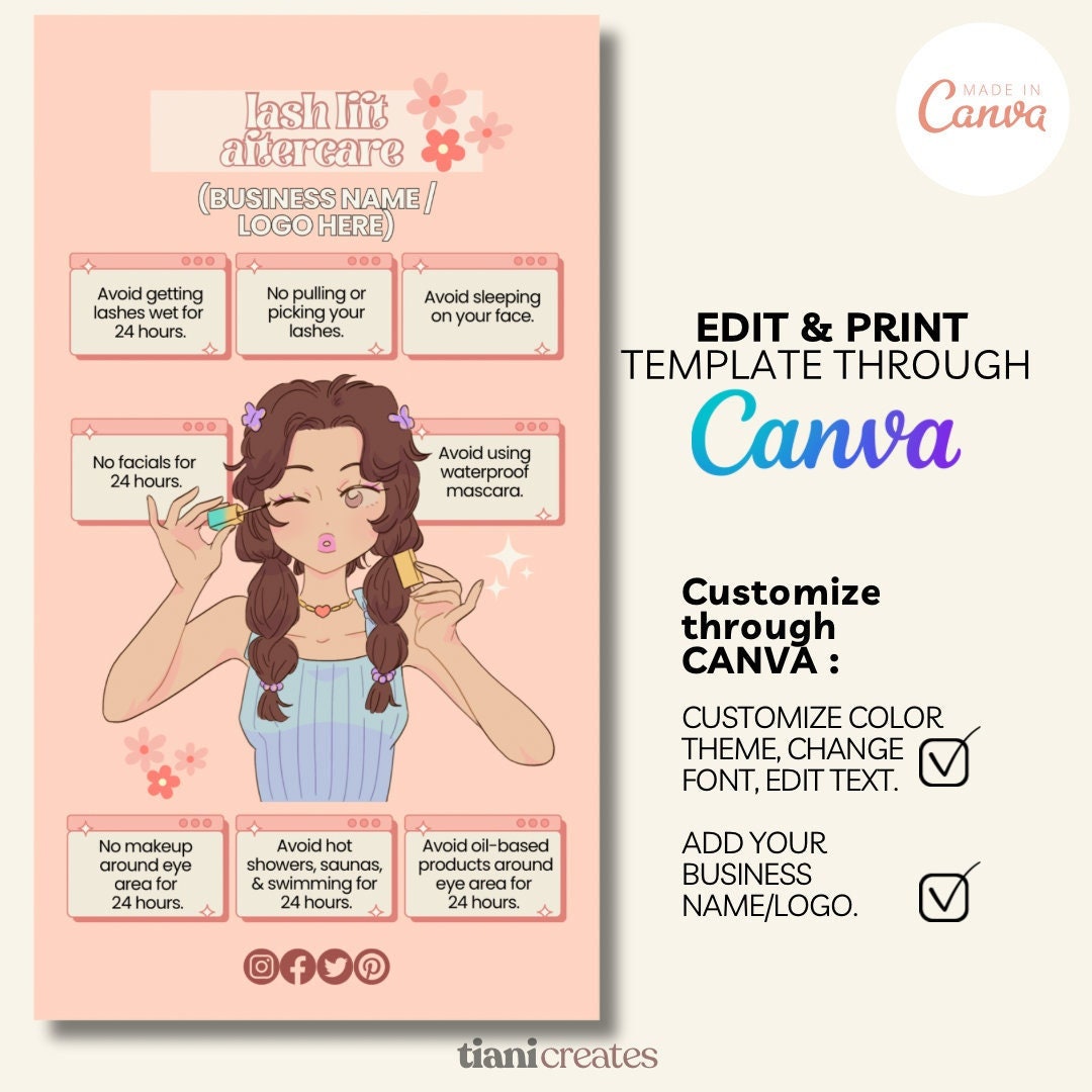 Cute Kawaii Lash Lift Aftercare Card Template - Etsy