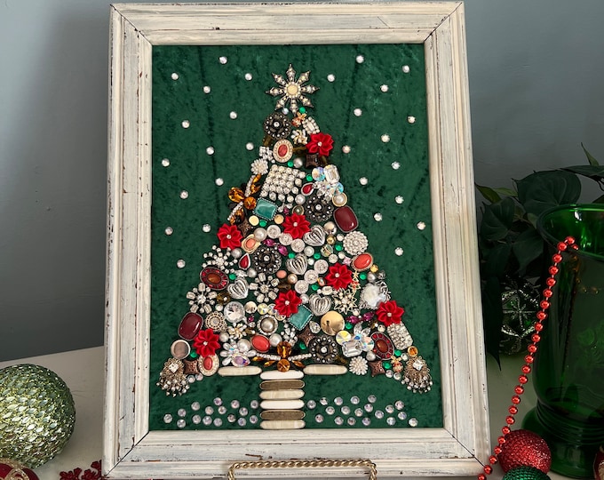 Blingy Vintage Christmas Tree Collage Framed Art With Jewelry - Etsy