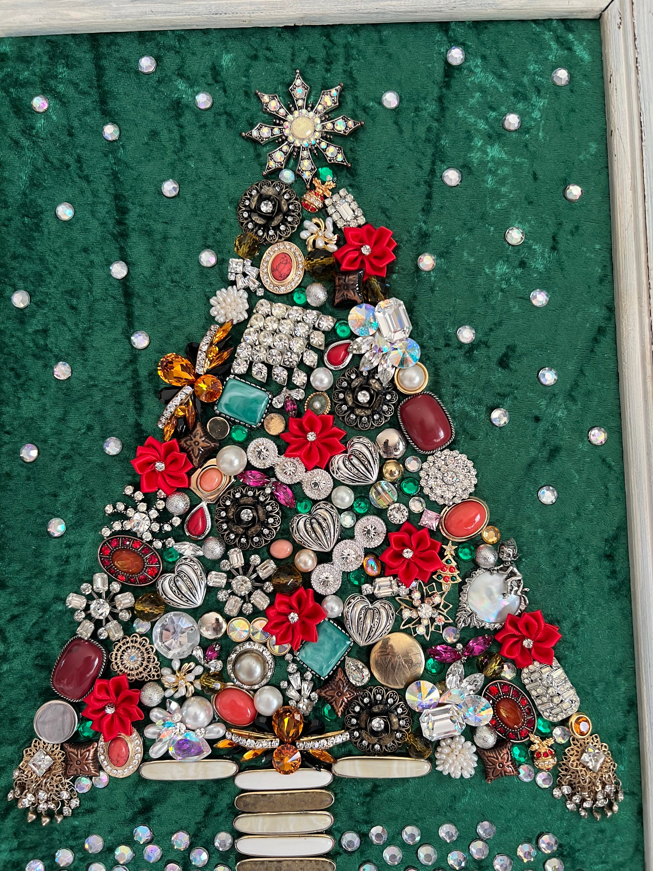 Blingy Vintage Christmas Tree Collage Framed Art With Jewelry - Etsy