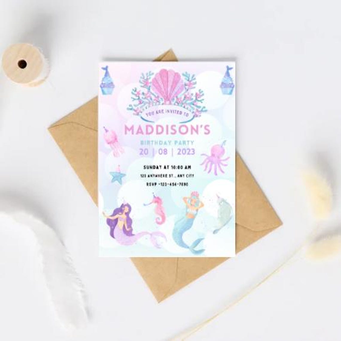 Mermaid Birthday Invitation Digital and Editable, Mermaid Under the Sea ...