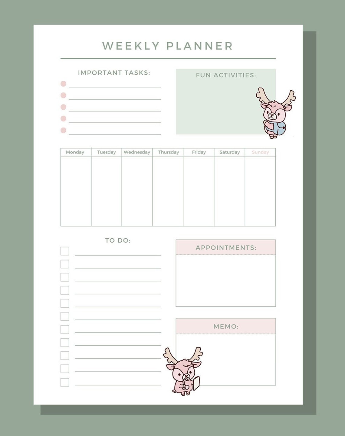 Weekly Planner Printable Digital Pdf Kawaii Cute Deer Print by Yourself ...