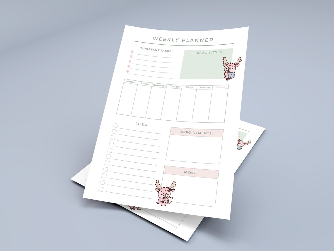 Weekly Planner Printable Digital Pdf Kawaii Cute Deer Print by Yourself ...