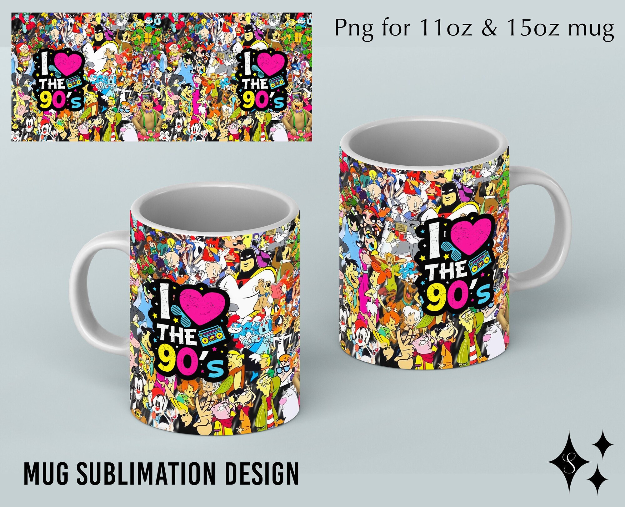 90's Love Cartoon Mug Sublimation Template - Designs - 11oz Mug - 15oz ...