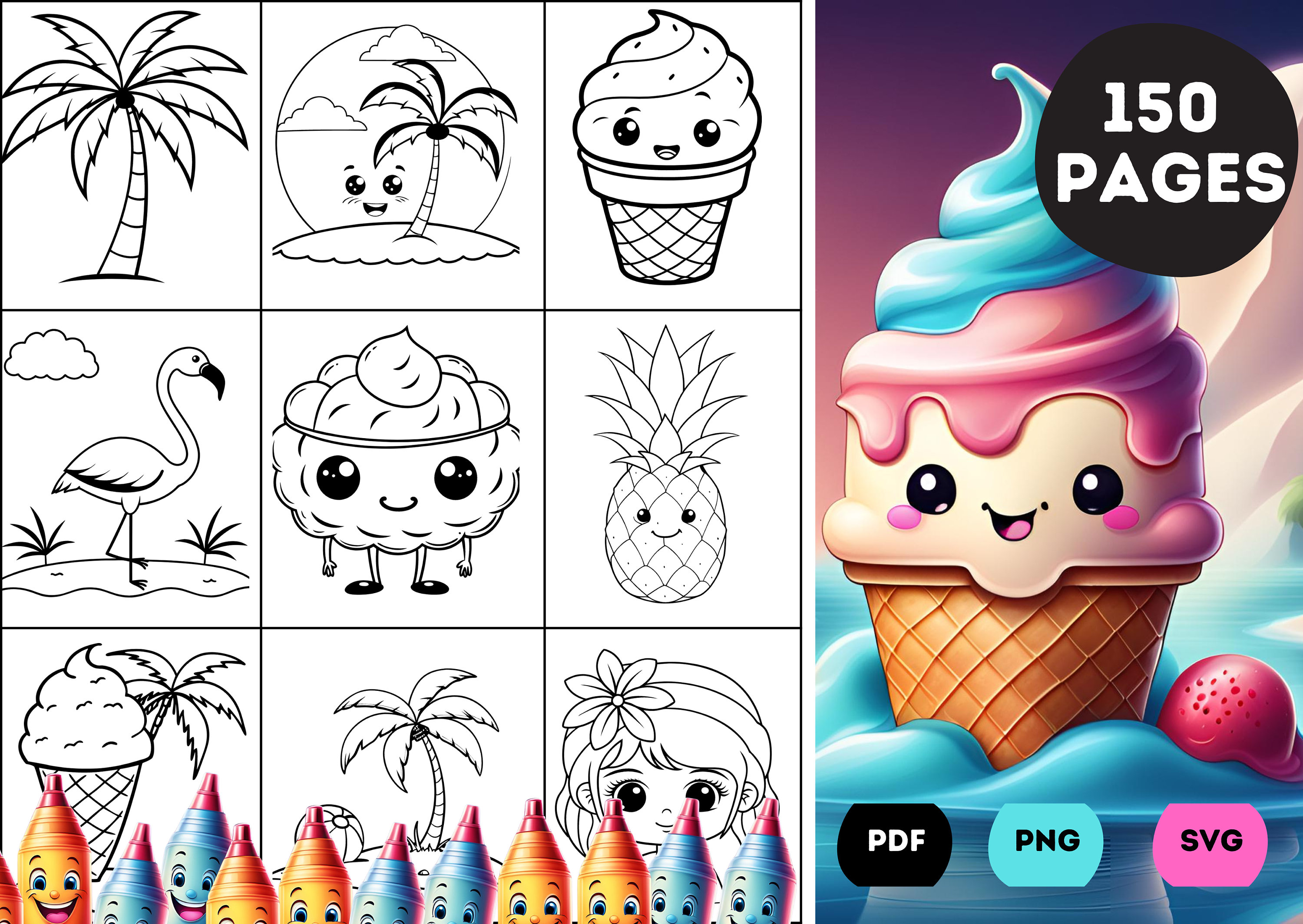 150 Summer Kawaii Coloring Pages: Cute Printable Coloring Sheets for ...
