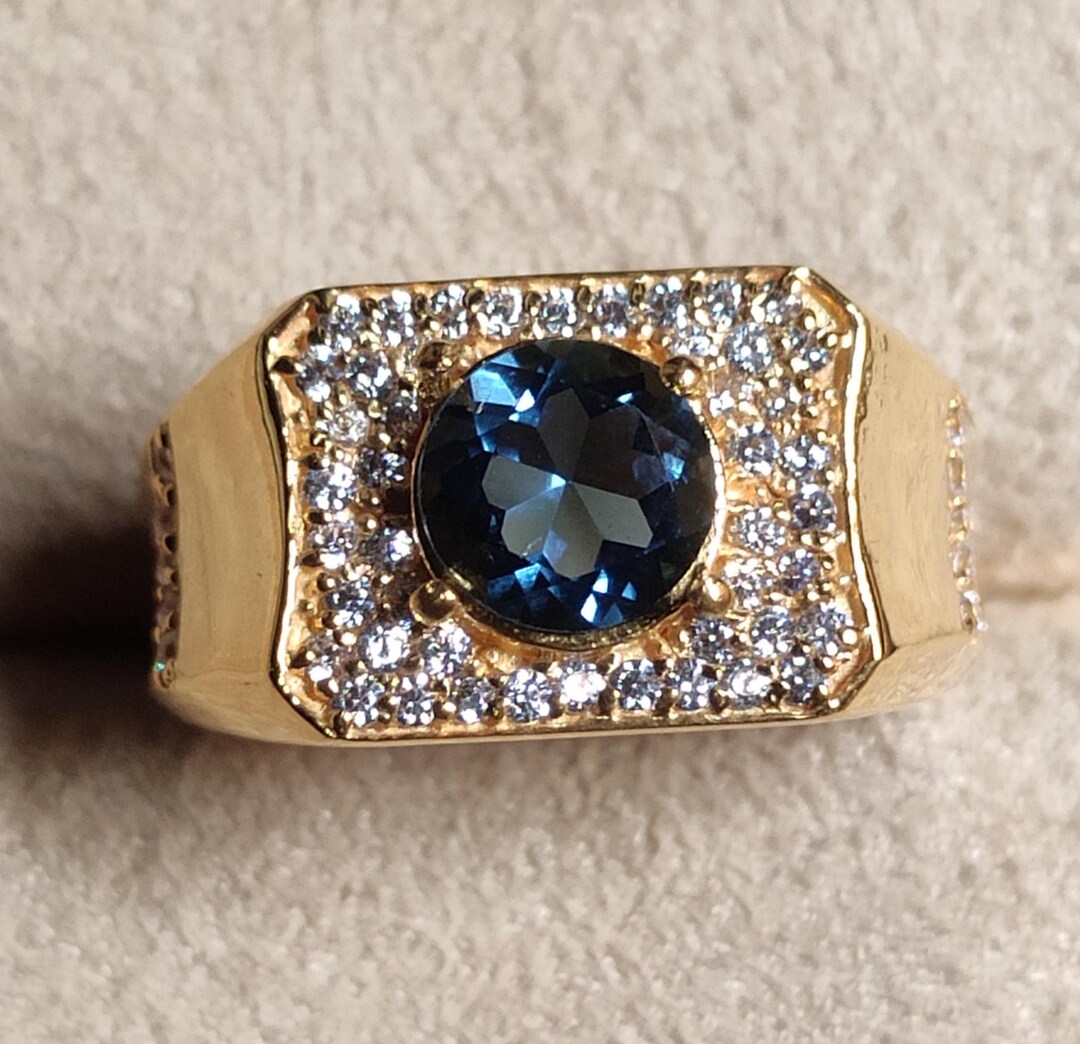 14K Gold Men's Signet Ring: Natural Blue Topaz, December Birthstone - Etsy