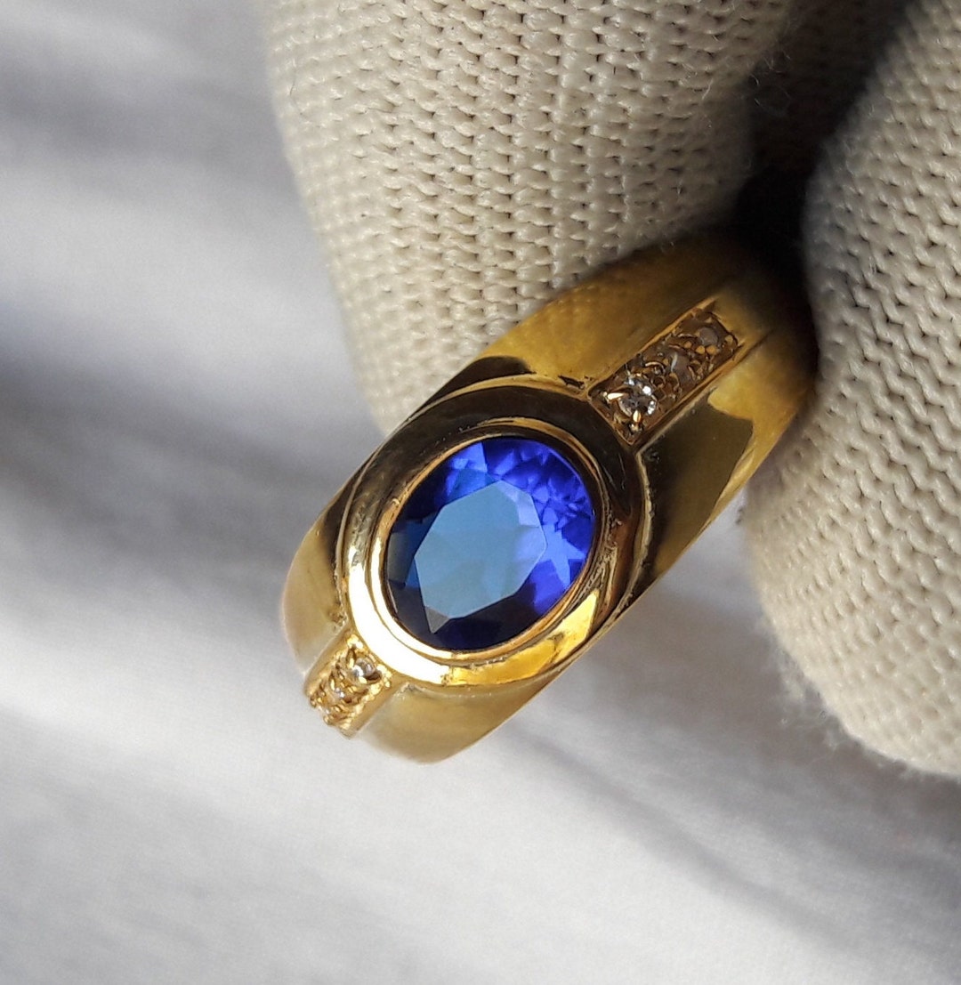 Lab Blue Sapphire Men's Ring, 925 Sterling Silver Gold Plating Gents ...