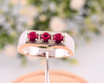 Red Ruby 925 Solid Sterling Silver Ring, Engraved Ring, Emerald Cut Ruby Gemstone Ring, Silver ...