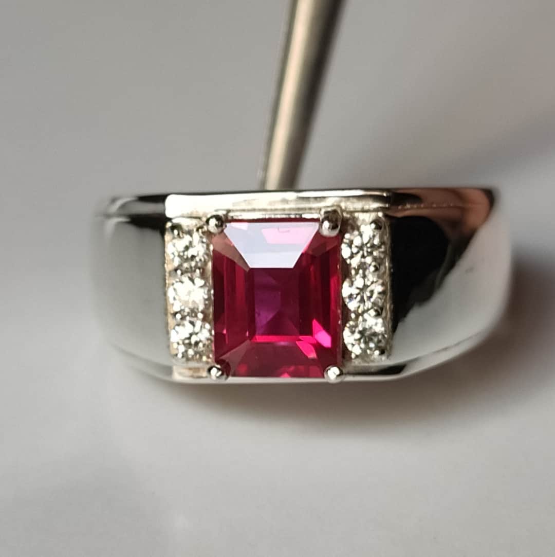 Red Ruby 925 Solid Sterling Silver Ring, Engraved Ring, Emerald Cut ...