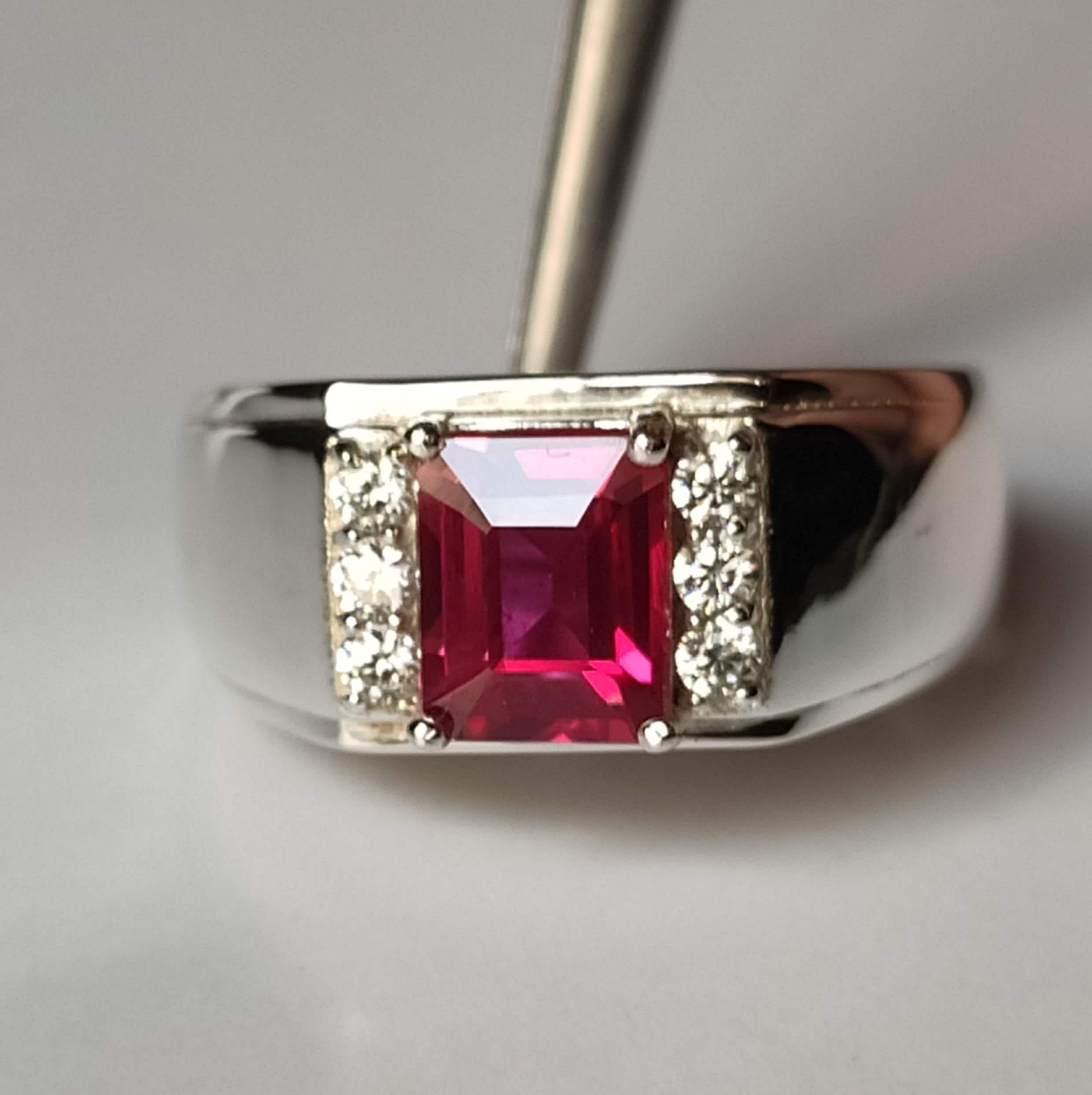 Red Ruby 925 Solid Sterling Silver Ring, Engraved Ring, Emerald Cut Ruby Gemstone Ring, Silver ...