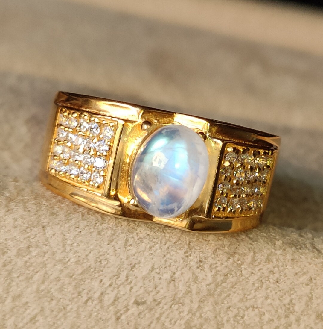 Blue Moonstone Signet Ring: 14k Gold Plated Sterling Silver, June ...