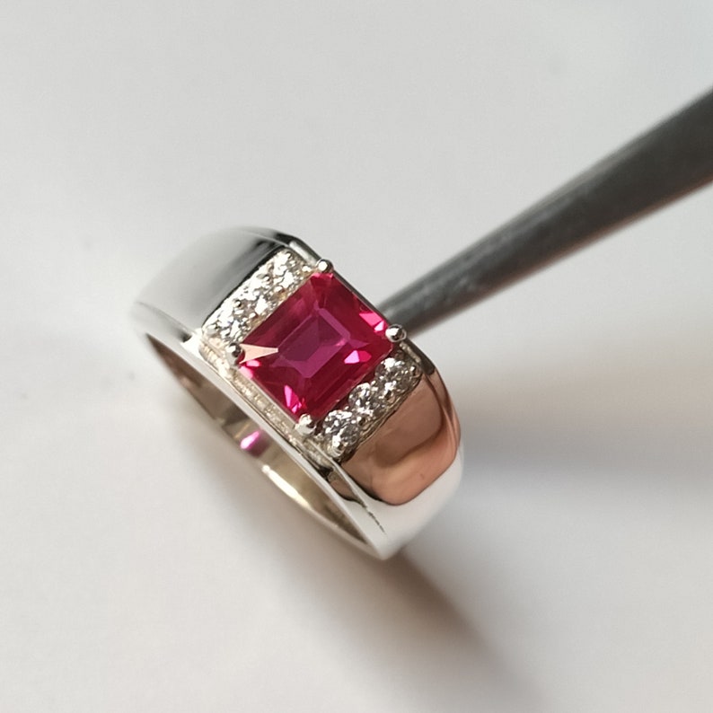 Red Ruby 925 Solid Sterling Silver Ring, Engraved Ring, Emerald Cut Ruby Gemstone Ring, Silver ...