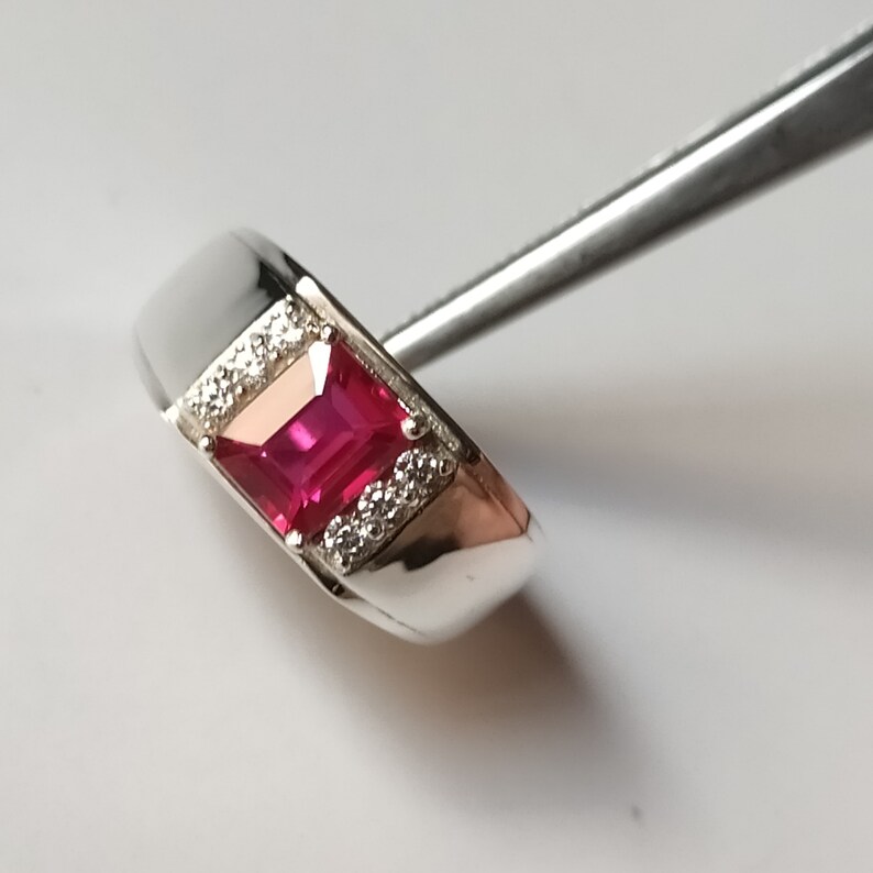 Red Ruby 925 Solid Sterling Silver Ring, Engraved Ring, Emerald Cut Ruby Gemstone Ring, Silver ...