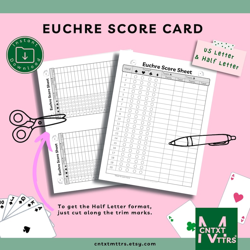 Printable Euchre Score Sheet – Classic 2-team Format| Instant Download ...