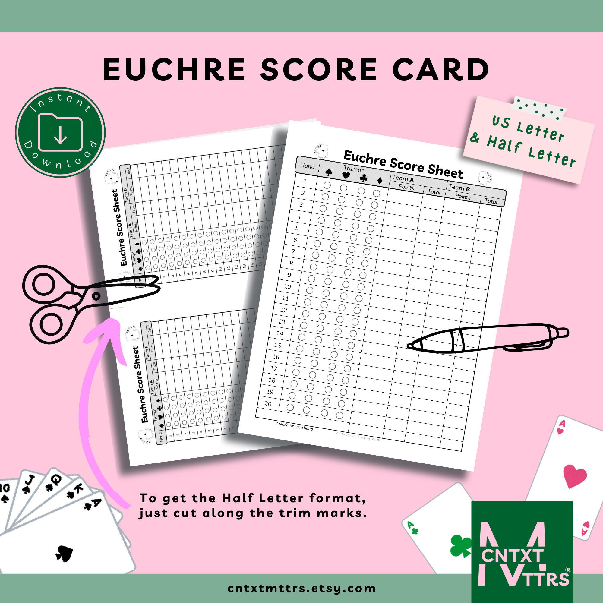 Printable Euchre Score Sheet – Classic 2-team Format| Instant Download ...