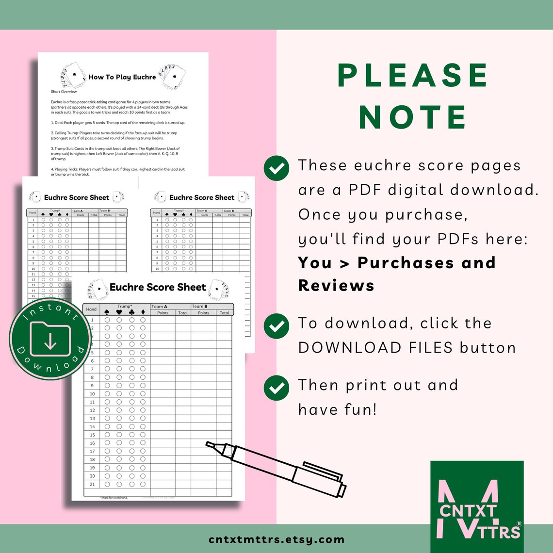 Printable Euchre Score Sheet – Classic 2-team Format| Instant Download ...
