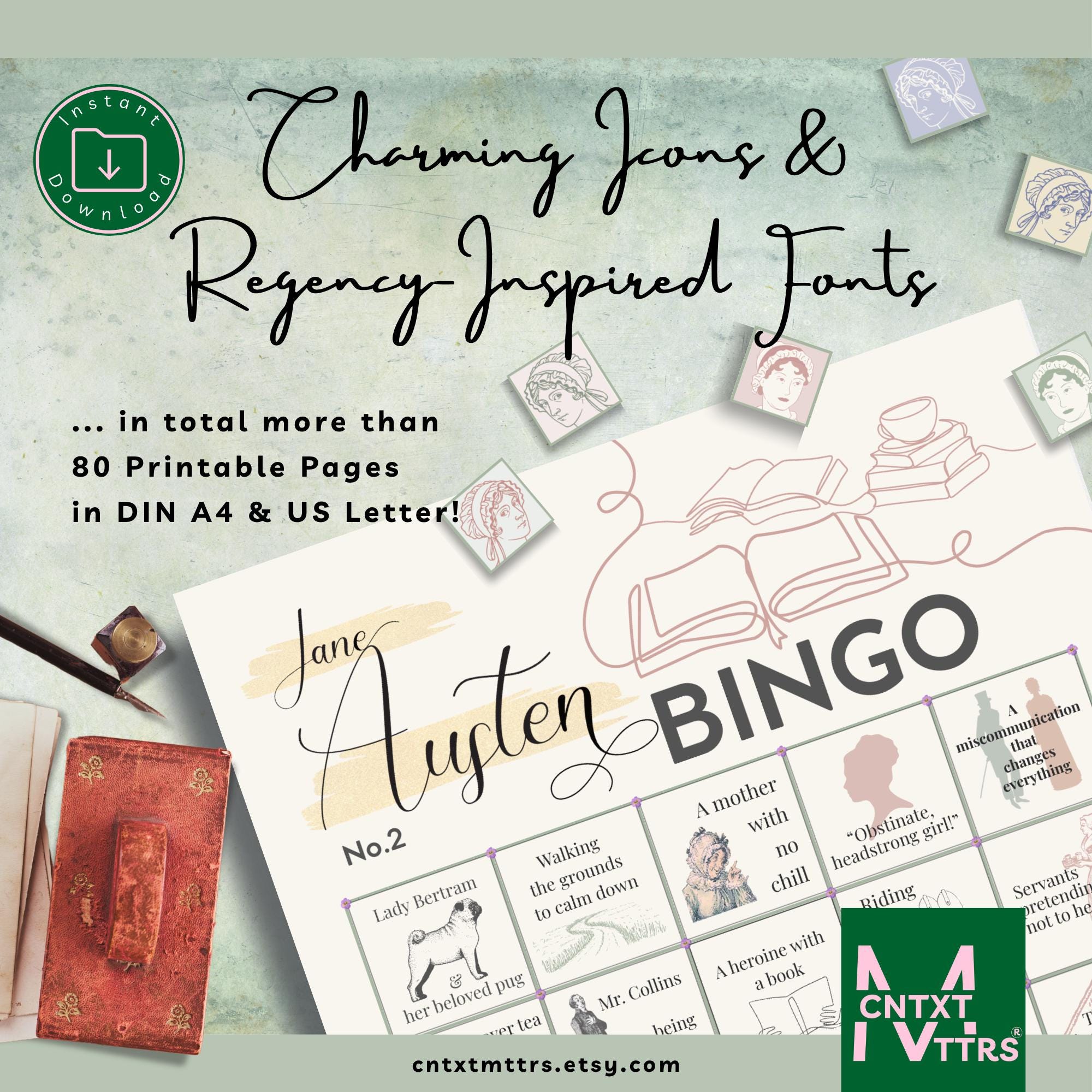Printable Jane Austen Bingo – Elegant Regency-era Bingo Game for Book ...
