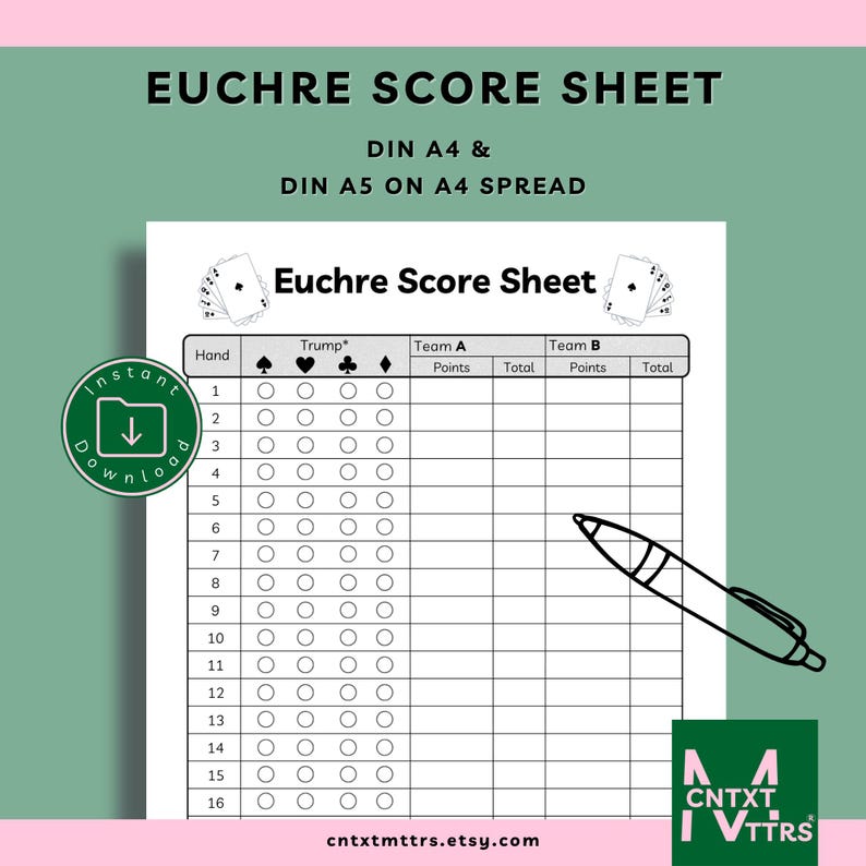 Printable Euchre Score Sheet – Classic 2-team Format| Instant Download ...