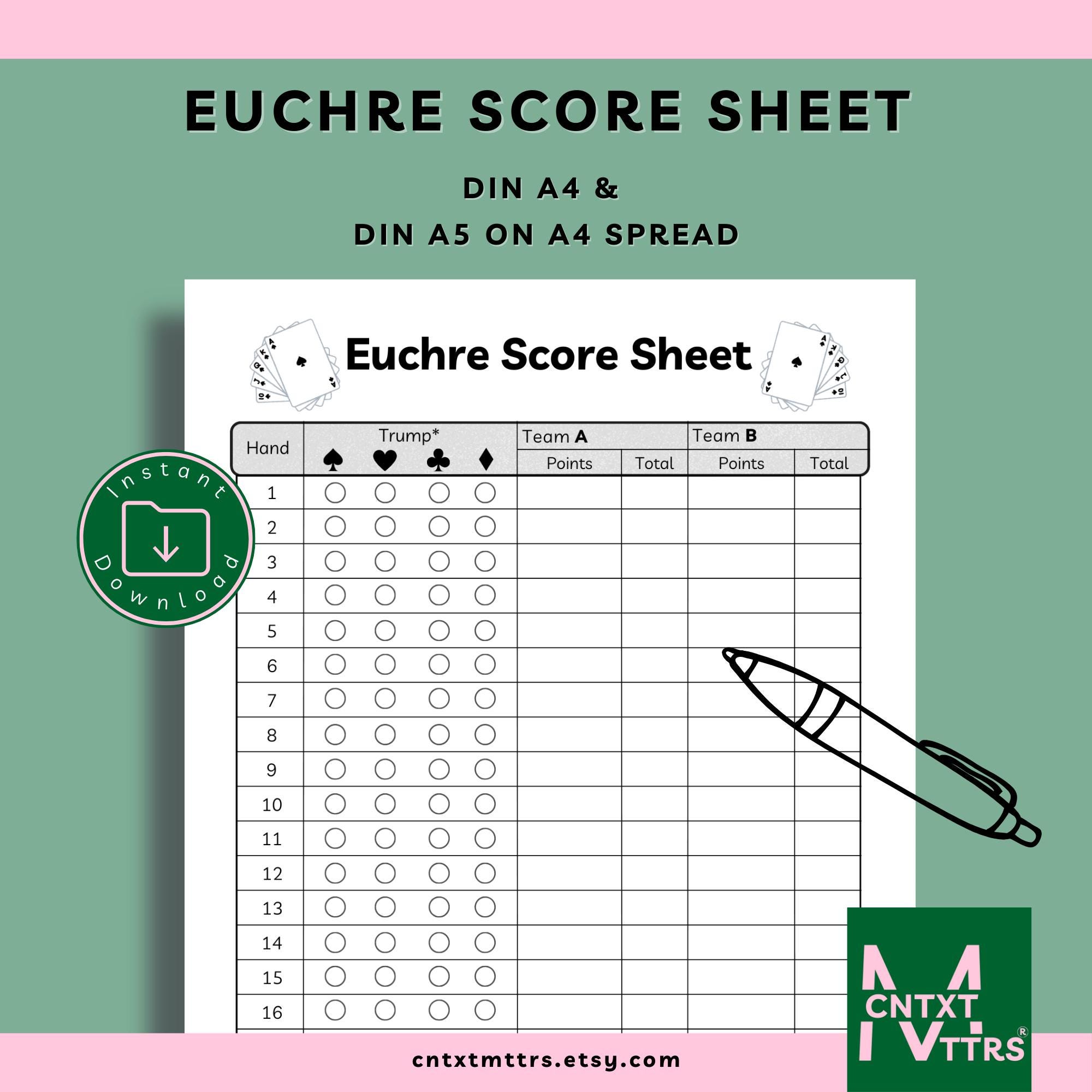 Printable Euchre Score Sheet – Classic 2-team Format| Instant Download ...
